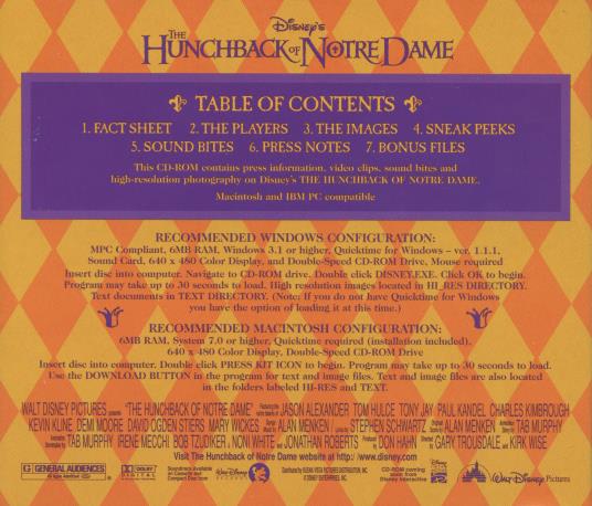 Disney's The Hunchback Of Notre Dame: Multimedia CD-ROM Press Kit ...