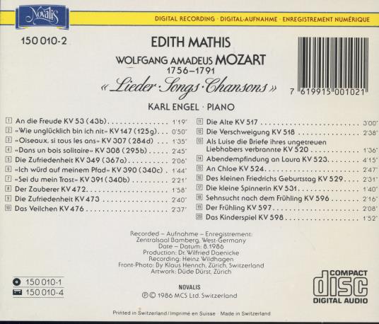 Edith Mathis: Wolfgang Amadeus Mozart: Lieder: Songs / Chansons ...