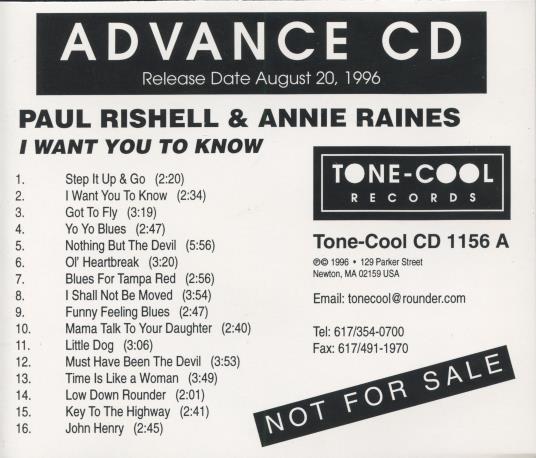 Paul Rishell & Annie Raines: I Want You To Know Advance Promo ...