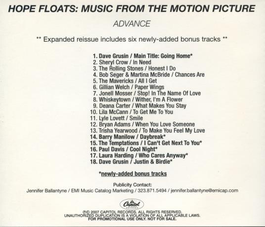Hope Floats: Music From The Motion Picture Advance Promo w/ Back Artwo ...