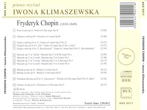 Fryderyk Chopin / Iwona Klimaszewska: Piano Recital Volume 1 Signed ...