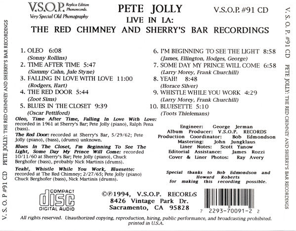 Pete Jolly: Live In LA: The Red Chimney And Sherry's Bar Recordings ...