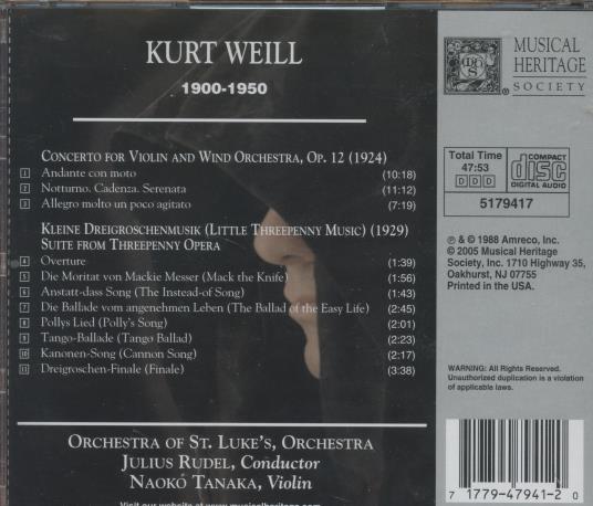 Kurt Weill & Orchestra Of St. Luke's: Concerto Op. 12 And Little Three ...