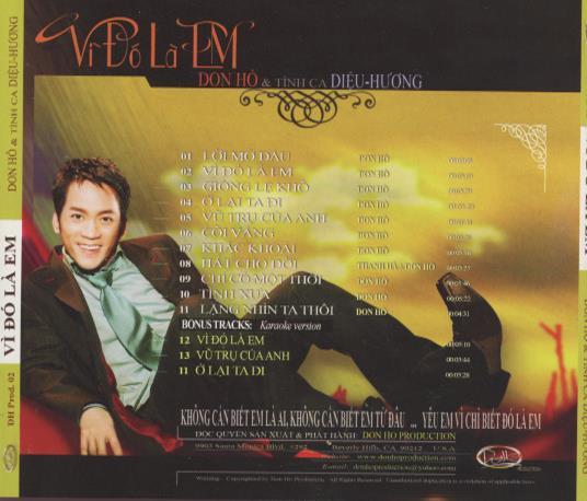Don Ho & Tinh Ca Dieu-Huong: Vi Do La Em Promo w/ Back Artwork ...