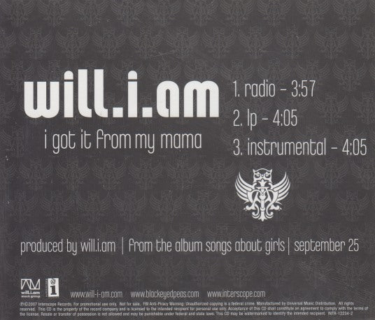 Will.i.am: I Got It From My Mama 3-Track Promo w/ Back Artwork ...