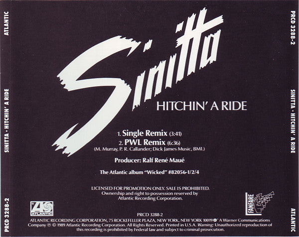Sinitta: Hitchin' A Ride Promo w/ Back Artwork – NeverDieMedia