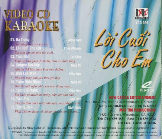Loi Cuoi Cho Em: Video CD Karaoke – NeverDieMedia